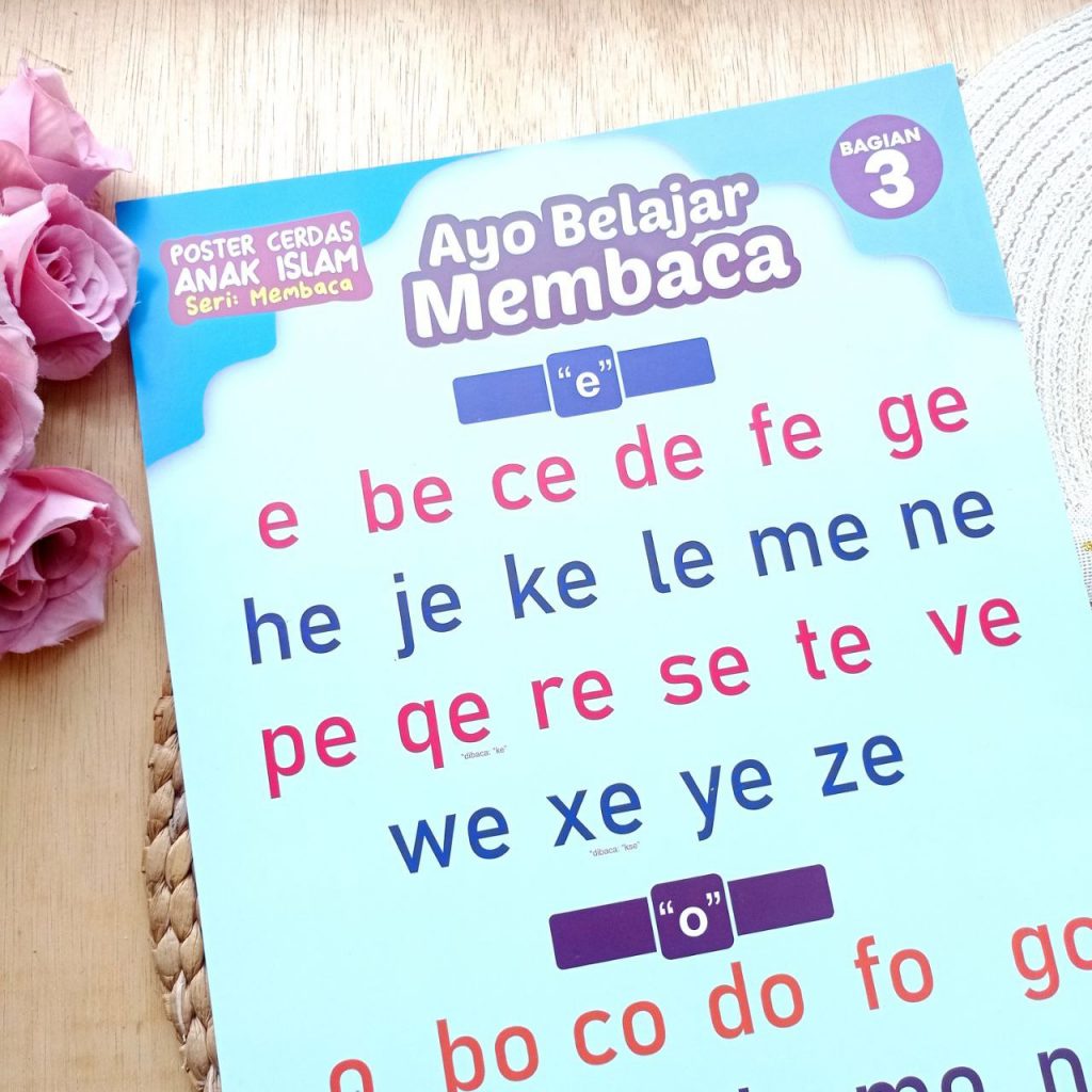 Poster Ayo Belajar Membaca Bagian 3 Alfabet E Dan O - Toko Muslim